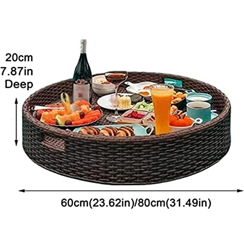 ENPAP Round Rattan Woven Serving Tray Rattan Floating Breakfast Tray with Handles,Swimming Pool Floats,for Pool Serving Drinks,Brunch,Food on The Water (Color : Black, Size : 80cm)
