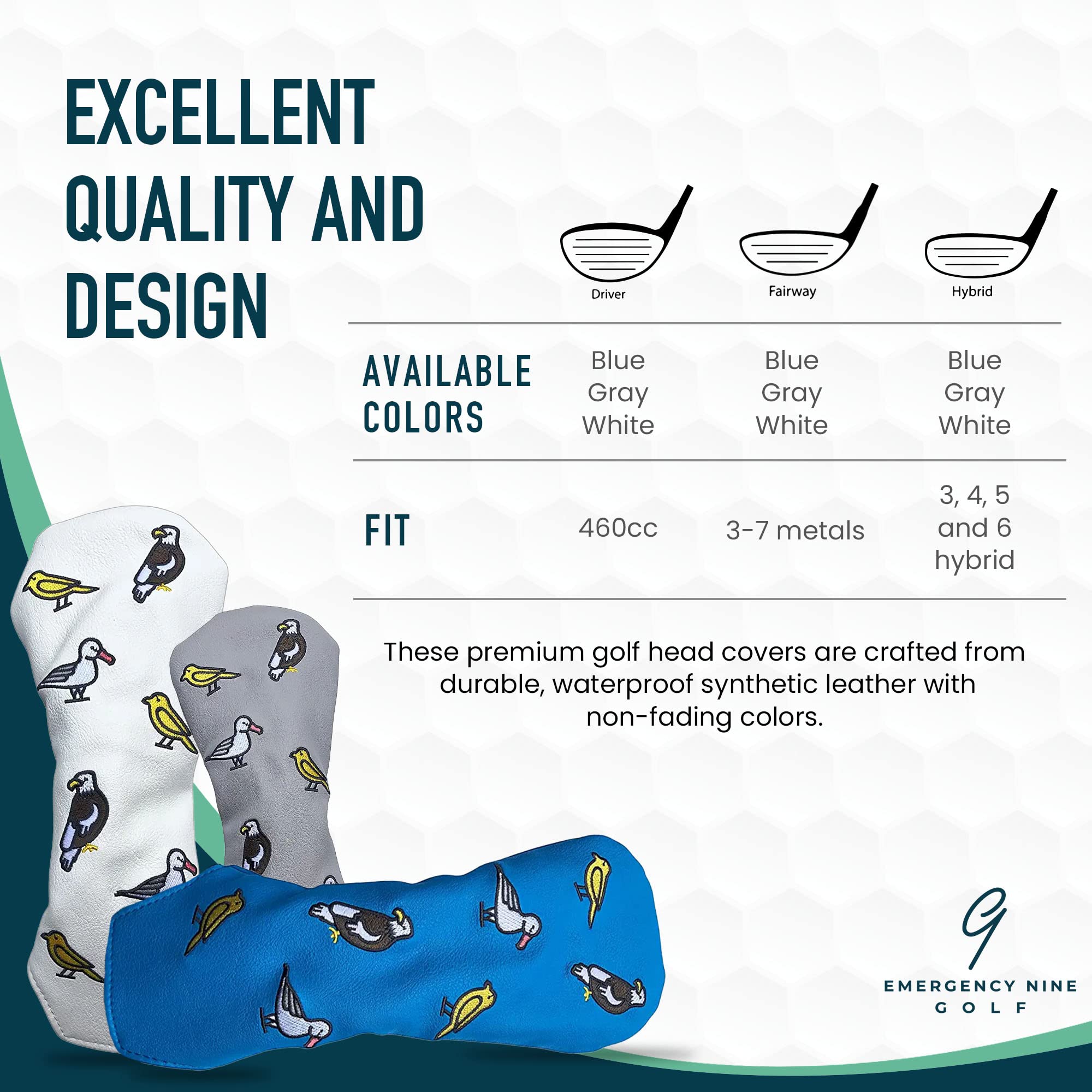 E9 Golf Fore The Birds Golf Head Cover - Synthetic Leather Golf Head Covers with Soft Fur Lining - Golf Club Covers with Unique V Shape Design Opening - Driver, White