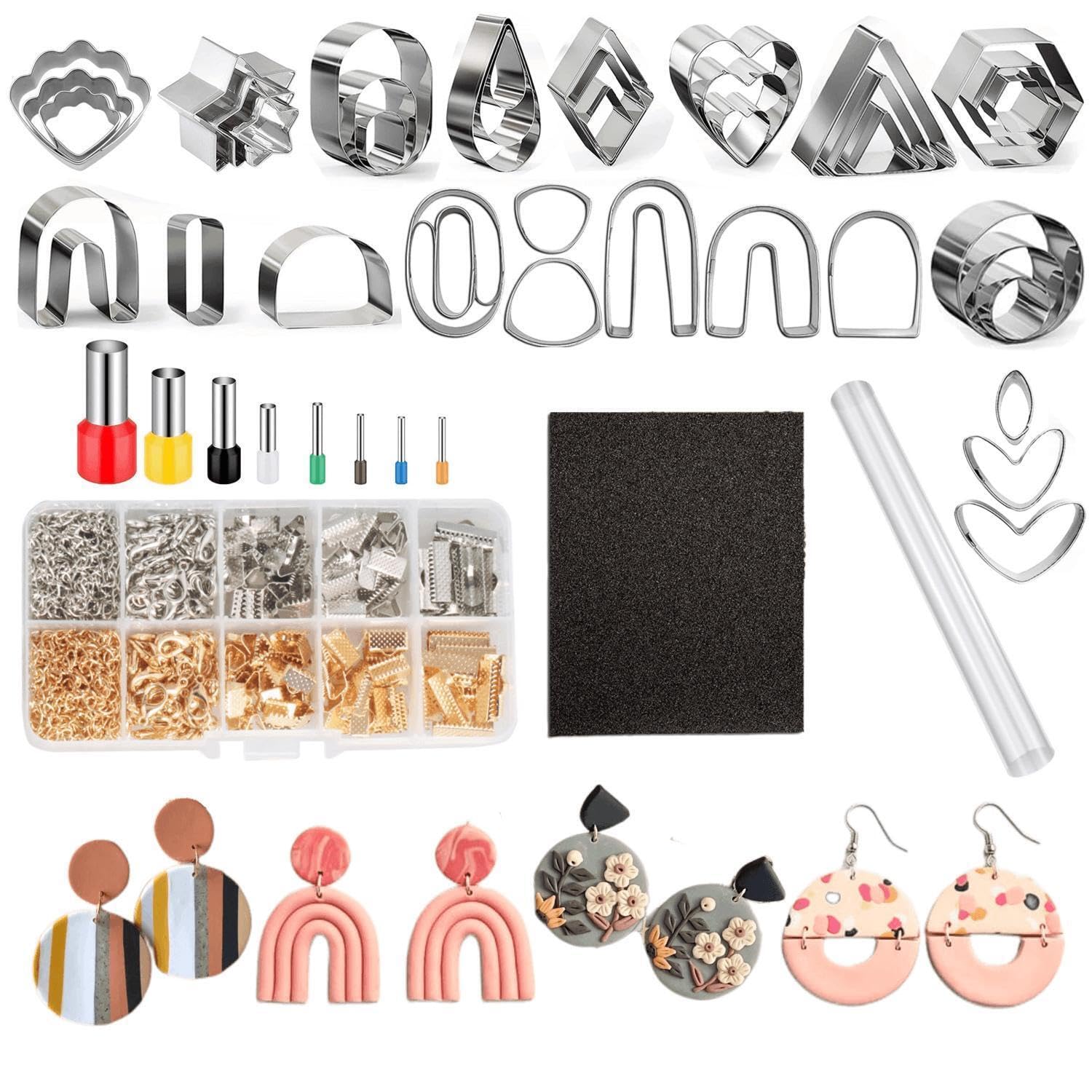 Dacmern 689pcs Polymer Clay Cutters Set - 39 Shapes Stainless Steel Clay Cutters with 8 Circle Cutters, 640pcs Earring Making Kit and 2 Polymer Clay Tools, Clay Cutters for Polymer Clay Jewelry