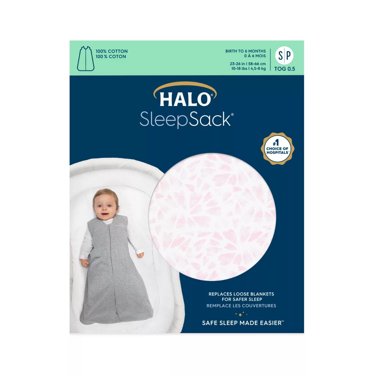 HALO Sleepsack 100% Cotton Wearable Blanket, TOG 0.5, Heart Toss, X-Large, 9-12 Months