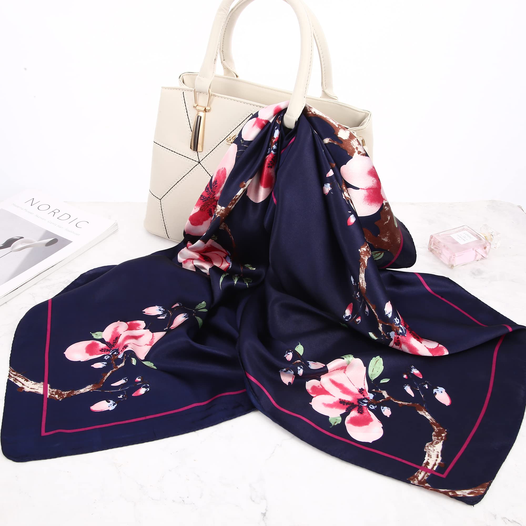 DOOBO Silk Scarf - 3 Pcs 35 Inches Polyester Satin Head Scarf for Women - Aquamarine, Navy, Khaki