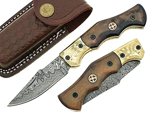 Damascus Steel Blade Folding Pocket Hunting Knife Real Leather Sheath For Camping Fishing Outdoor EDC SM91