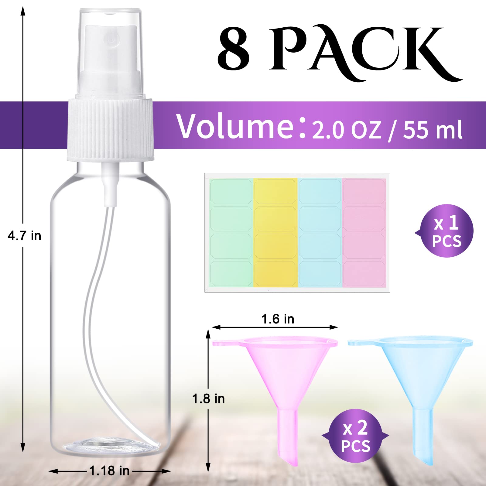 Mandydov 8 Pack Clear Empty Mini Little Spray Bottles, Fine Mist 2oz / 55ml Refillable Pocket Size Sprayer Plastic Mini Travel Bottle Set Makeup Bottles with 2Pcs Funnels and 4 Color Labels