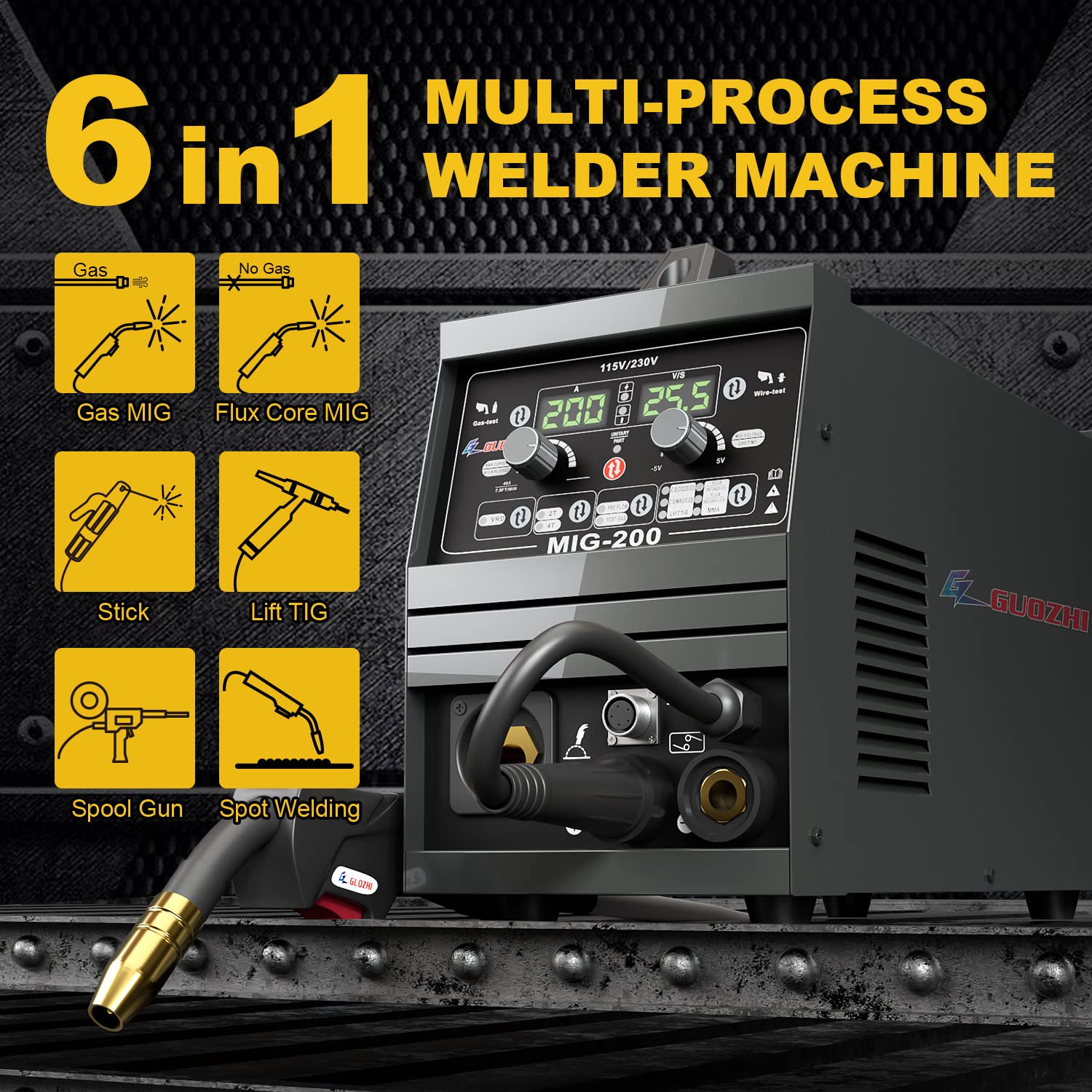 GZ GUOZHI 200A MIG Welder, 6 in 1 Stick Welder/Gas MIG/Gasless Flux Core MIG/Lift TIG/Spot welding/Spool Gun Multi-Process, 110V/220V Welding Machine with Dual LCD Digital Display (US Connector)
