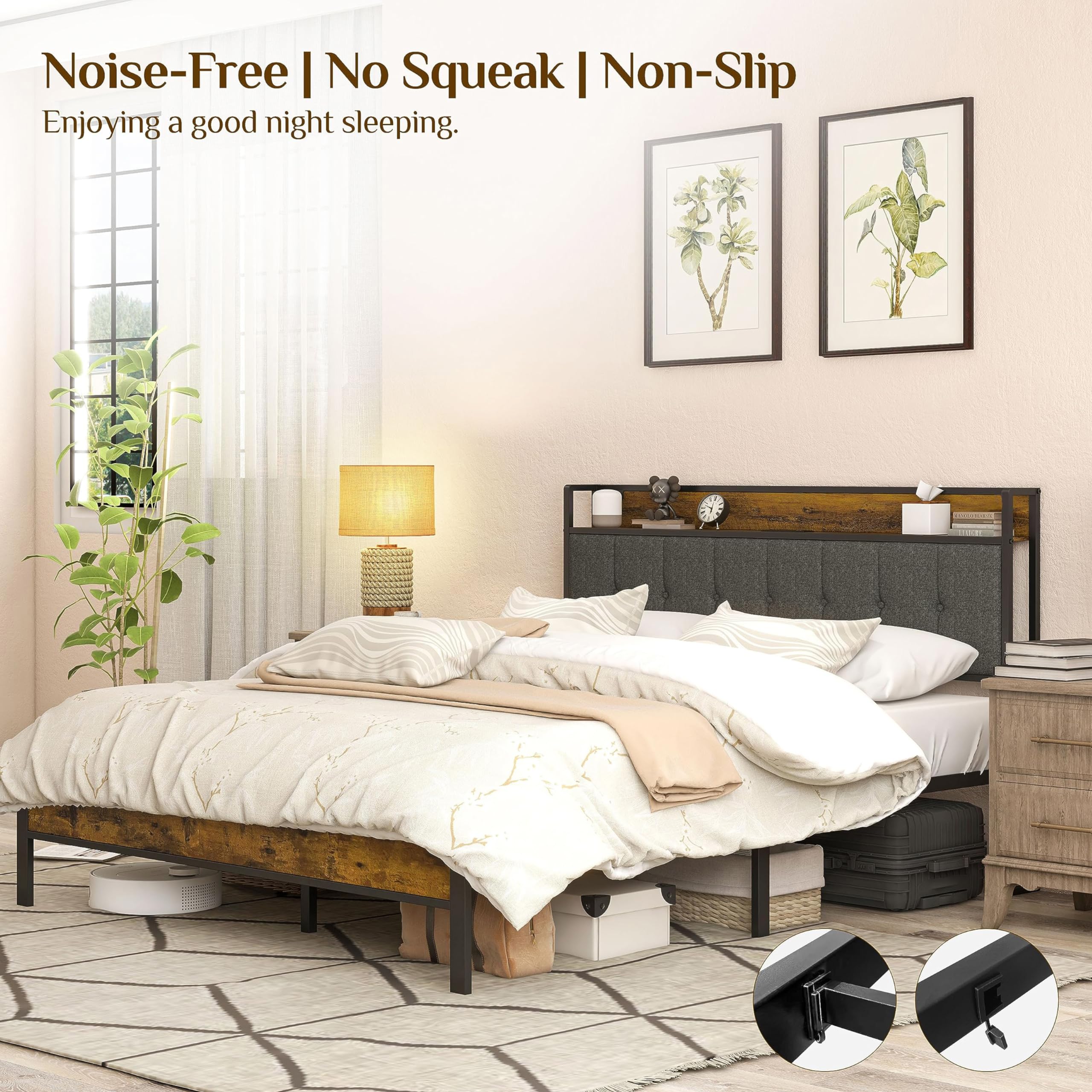 DALISK Queen Size Platform Bed Frame with Upholstered Headboard & USB Ports for Charging- No Box Spring, Strong & Noise Free Support - Easy Assembly