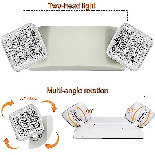 LED Emergency Light Fixture, Commercial Emergency Lights with Battery Backup, Square Two Head Adjustable LED Emergency Light for Power Failure Business, Emergency Exit Light AC 110V-277V 6 Pack