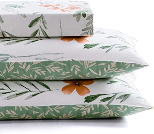 SLEEPBELLA Duvet Cover King, 600 Thread Count Cotton 3pcs Bedding Set Yellow Flowers and Green Branches Printed on White Reversible Comforter Cover