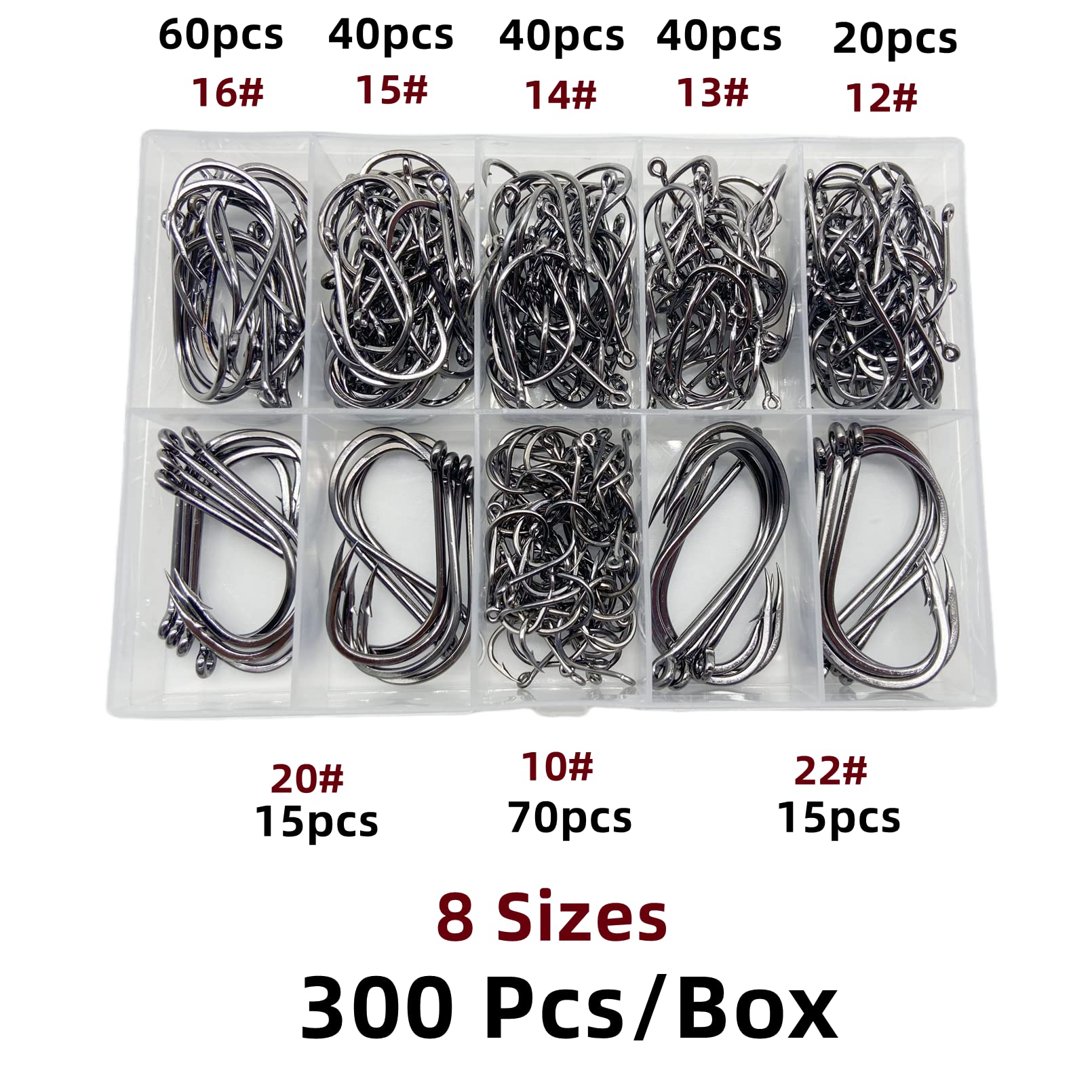 DAMIDEL 300Pcs/Box (22# ...15# 10# Fishing Hook, Forged Steel/Barded Design, 8 Sizes Universal Octopus Fishing Hooks Set, Sharp/High Carbon/Hook Eye, Suitable Sizes in Freshwater Saltwater