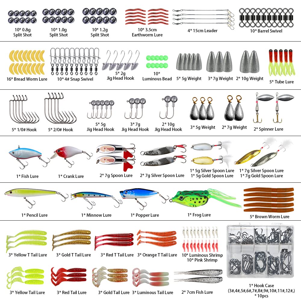doorslay 304pcs Fishing Accessories Set with Tackle Box Including Various Bionic Bait Jig Hooks Swivels Snaps Sinker Slides