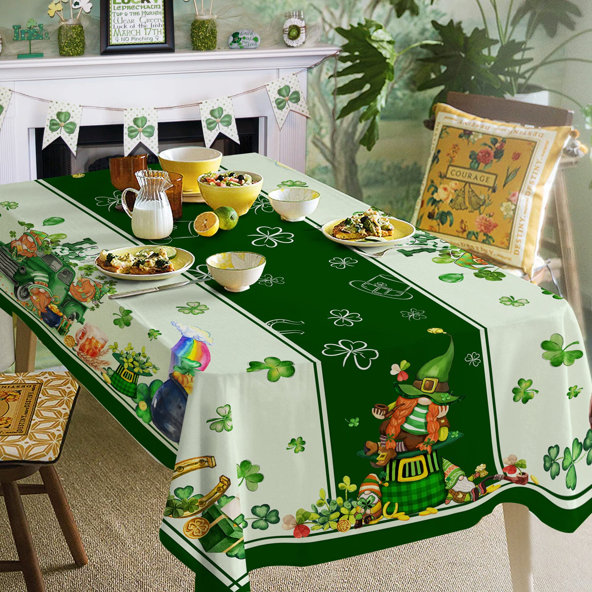 Hexagram St Patricks Day Tablecloth, Green Tablecloth Rectangle 60x84 inch, Gnomes Truck Gold Coins Holiday St Patricks Day Decorations for Home,Dinner,Party
