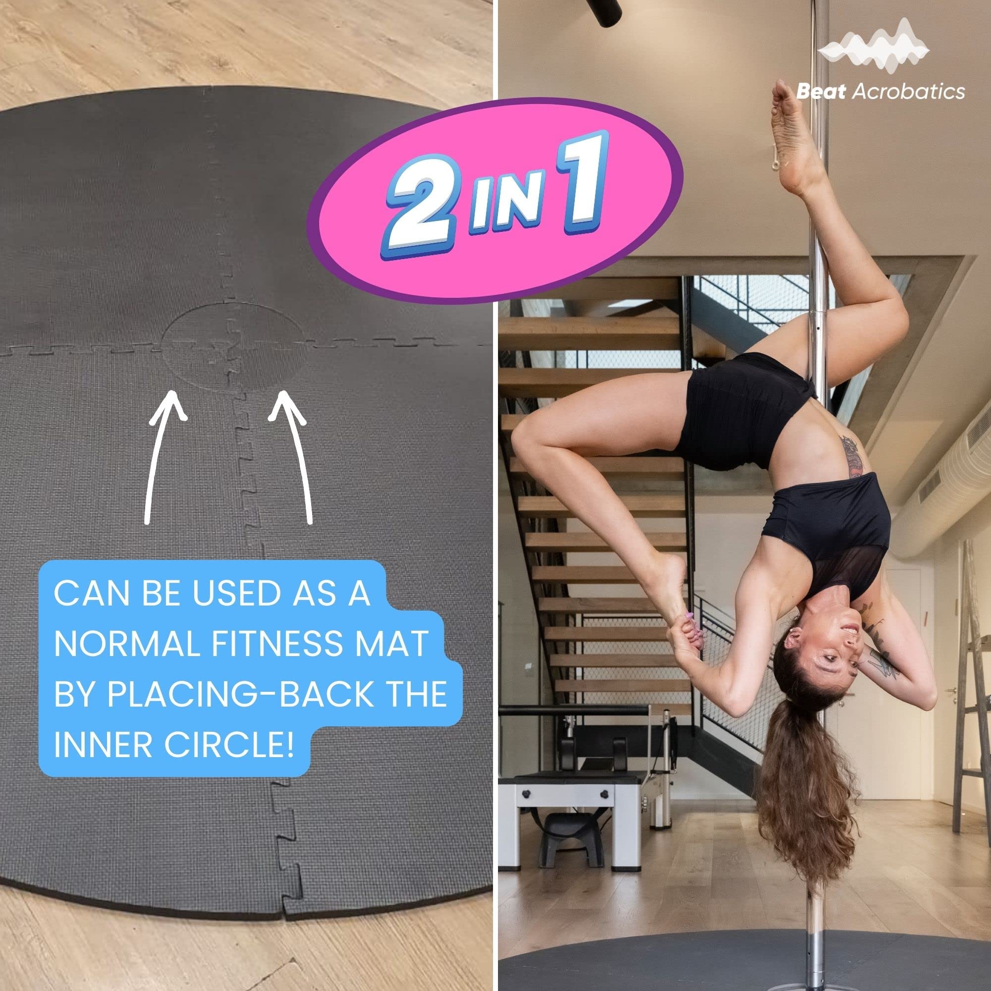 Dancing Pole Crash Mat Pole Fitness Exercise Mat Workout Gym Mat | Extra Thick 15mm | Huge 5.9' Diameter | Exercise Floor Mat Dancing Pole For Home Yoga Pilates Gymnastics | Interlocking EVA Safety
