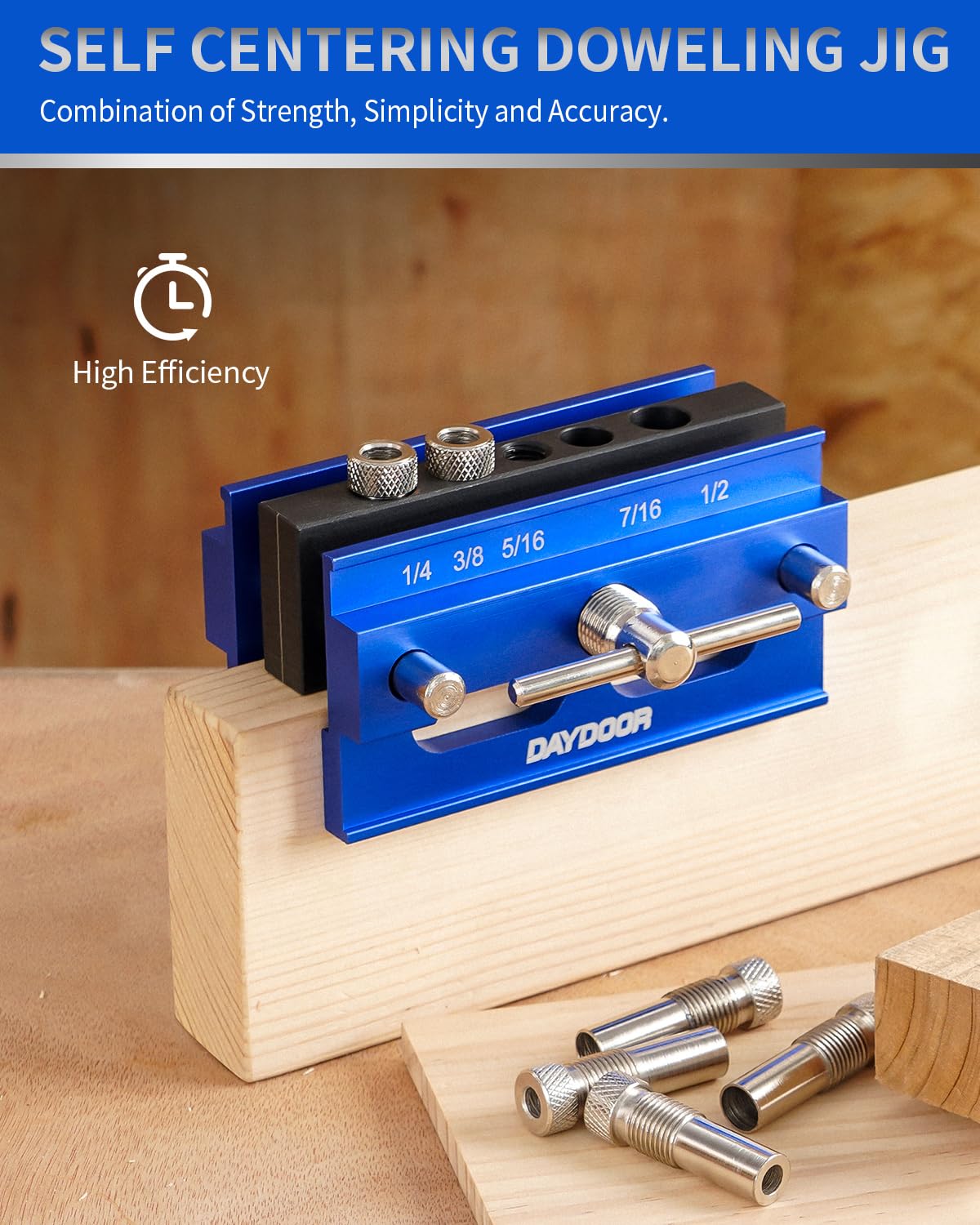 DAYDOOR Self Centering Doweling Jig Kit, Adjustable Width Dowel Jig for Woodworking, Centering Jig for Straight Holes Biscuit Joiner Set with 6 Bushings(Blue)