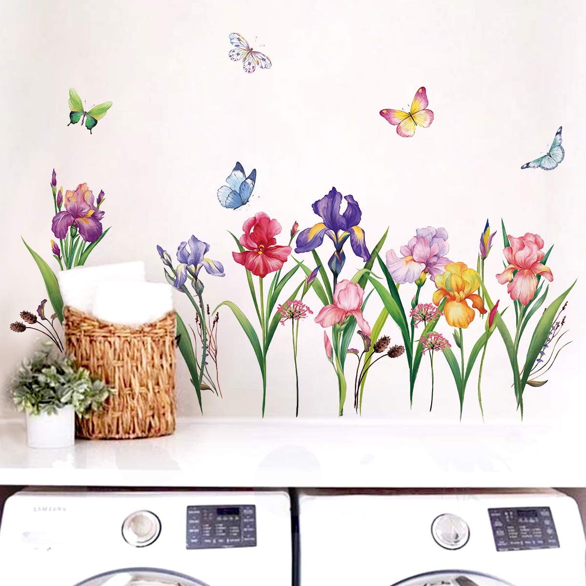 decalmile Garden Flower Wall Decals Narcissus Iris Floral Butterfly Wall Art Stickers Bedroom Living Room TV Wall Home Decor