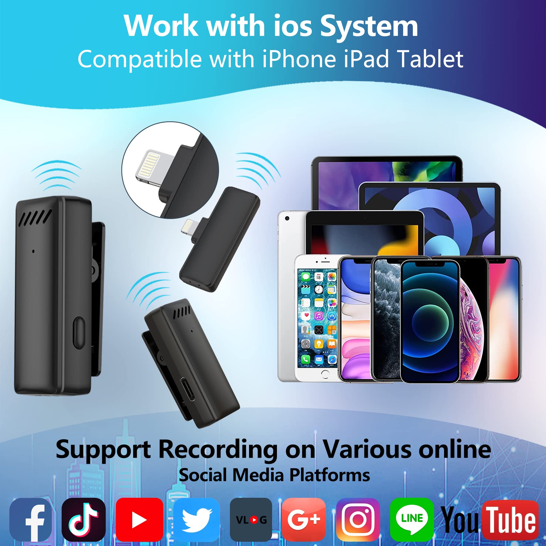 Florsol Wireless Lavalier Lapel Microphone for iPhone iPad,Mini Microphone with Portable Charging Case,65FT Long Distance Transmission Wireless Mic,Auto-Sync NO APP or Bluetooth Needed