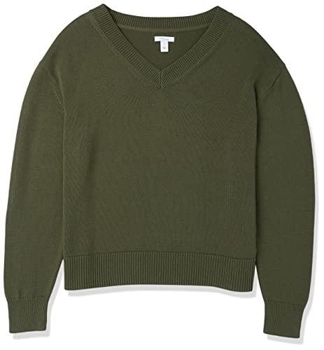Daily Ritual Women's 100% Cotton Relaxed-Fit Long-Sleeve V-Neck Sweater, Olive, Large