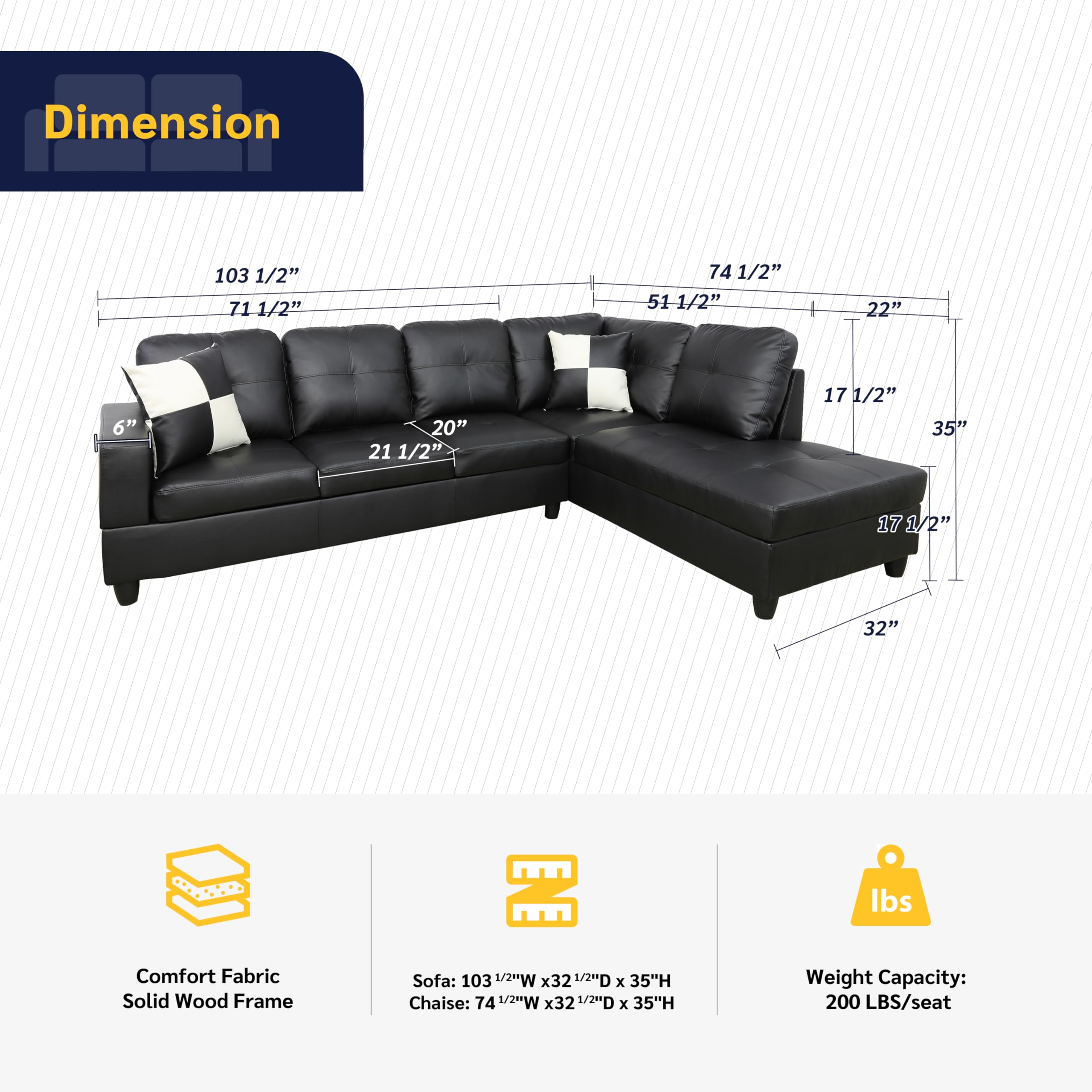 FUOROLA Lifestyle Right Facing Sectional Set, Sofa+Chaise, Black