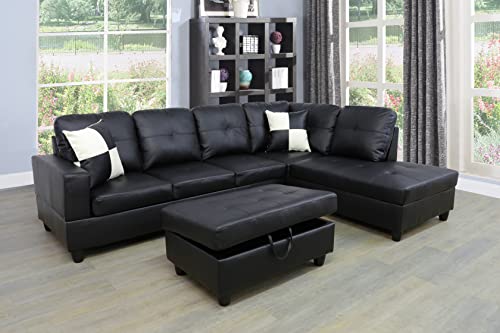 FUOROLA Lifestyle Right Facing Sectional Set, Sofa+Chaise+Ottoman, Black