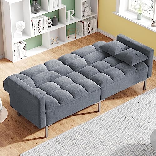 RIDFY Modern Upholstered Adjustable Folding Sofa Bed with Two Pillows and Metal Legs, Linen Fabric Futon Couch with Armrests for Living Room, Apartment, Dorm, Home, Office (Dark Gray)