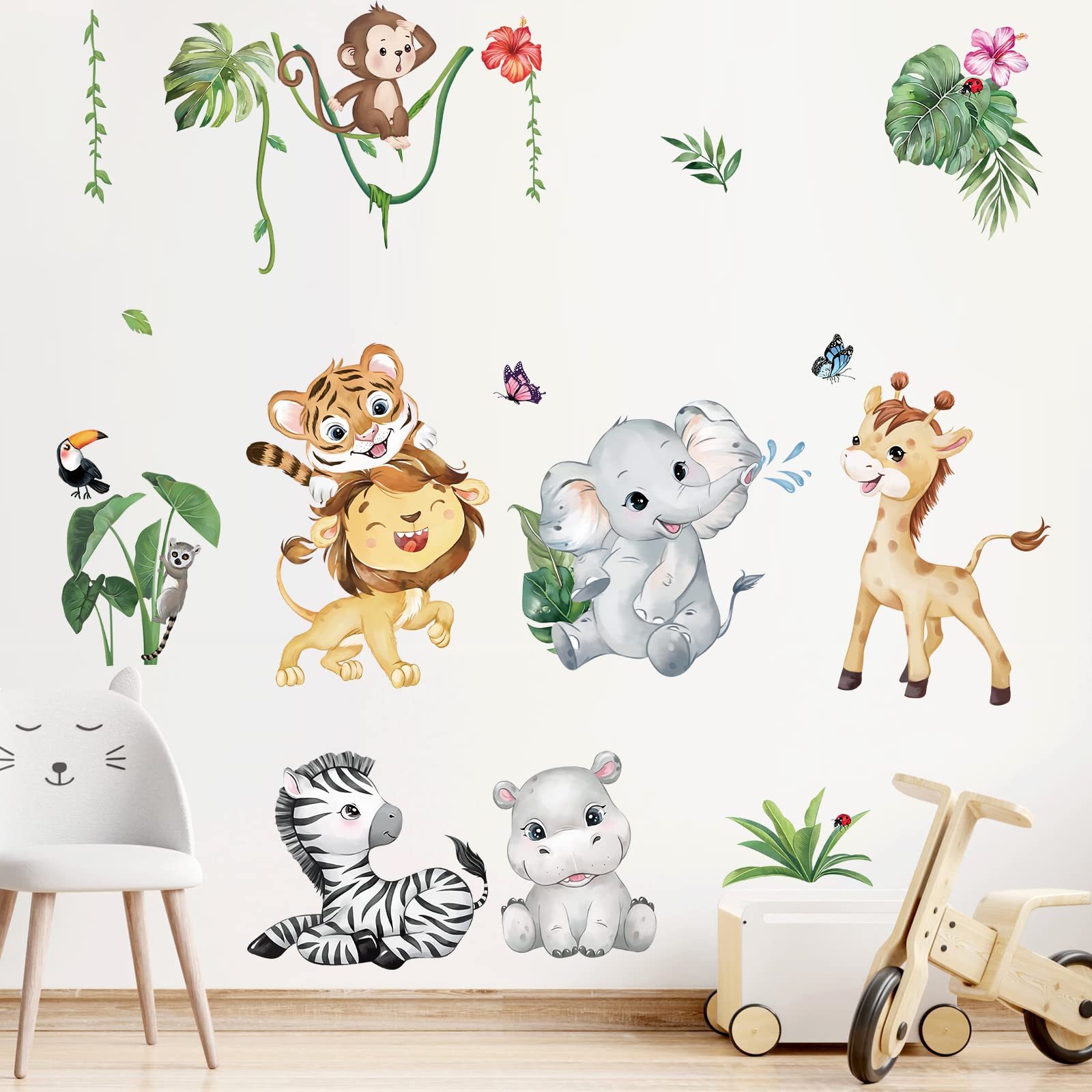 decalmile Jungle Animals Wall Decals Elephant Lion Giraffe Safari Wall Stickers Baby Nursery Kids Room Living Room Wall Decor