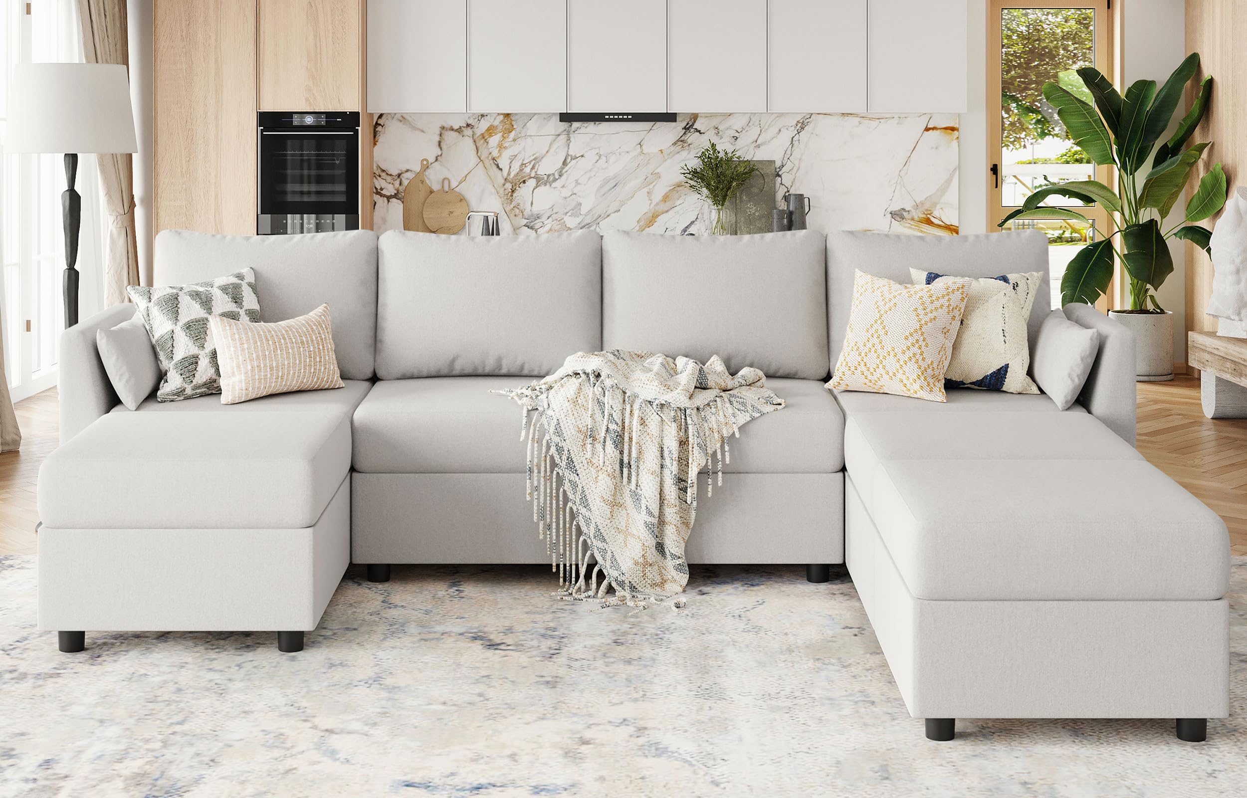 Mangodan Modular Sectional Sofa with Storage, Convertible 7 Seat Sectional Couches for Living Room, U Shaped Sectional Sofa with Chaise, Comfy Sectional Sleeper Sofa, High Supportive Sponge-Beige