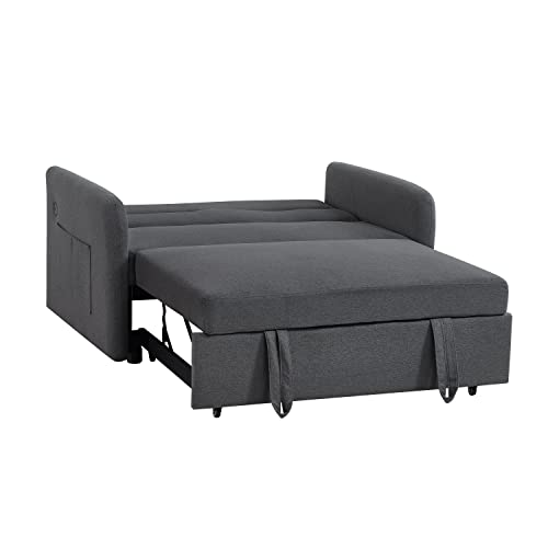 FIQHOME 55.5" USB Ports and Side Pockets,3 in 1 Multi-Functional Convertible Sleeper 2 Lumbar Pillows,Loveseat Sofa with Pull Out Bed,for Living Room, Apartment(Grey)
