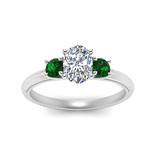 CustomizedGifts Classic Three Stone Ring sterling silver Created Emerald Oval shape Green color 3 Stone Engagement Rings prong Setting in Size 9 Special Gift for Women, Girls and Ladies
