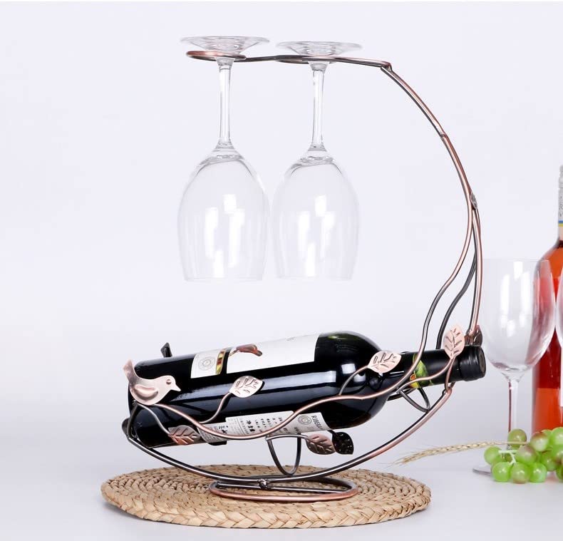 Ecostan Wine Holder Stand &Kitchen Tabletop Decoration，Metal Wine Bottle Rack for Holds 1 Bottle 2 Glasses（Bronze）