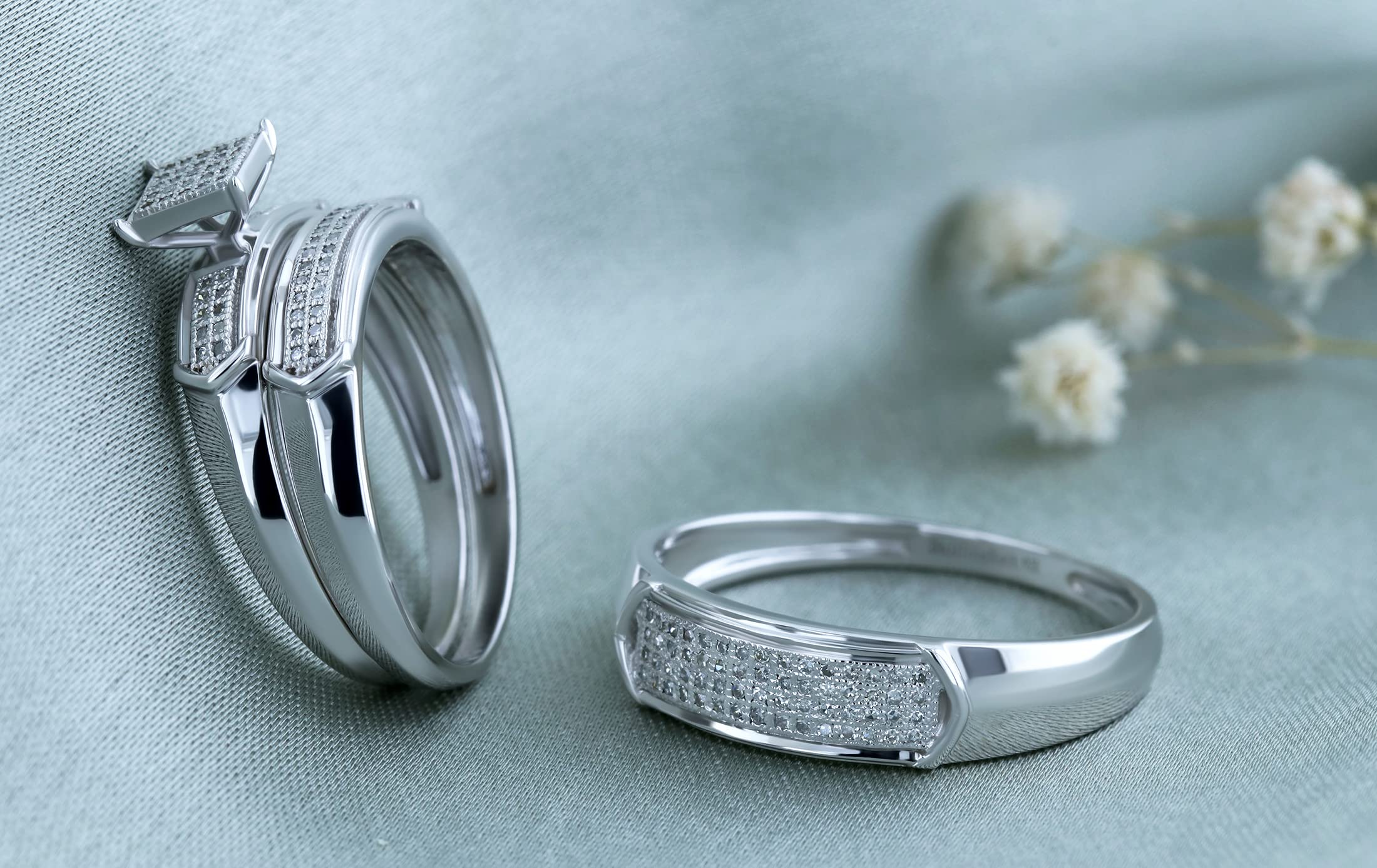Dazzlingrock Collection 0.30 Carat (ctw) Round White Diamond Square Framed Wedding Trio Ring Set in 925 Sterling Silver, Women size 7 & Men size 7