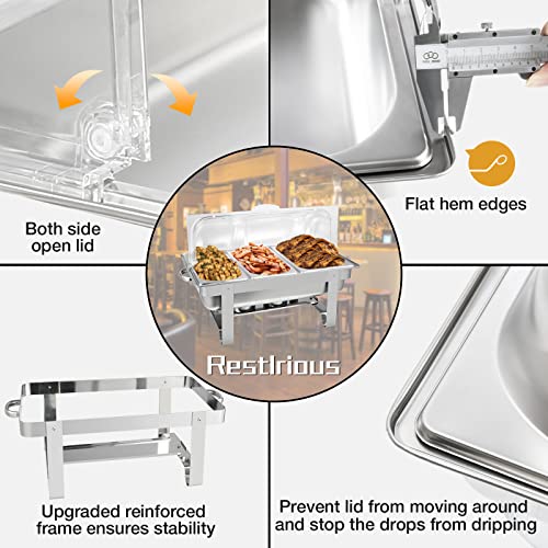 Restlrious Chafing Dish Buffet Set with Roll Top Plastic Cover, Stainless Steel 8 QT Rectangular Chafers and Buffet Warmers Set w/3 Third Size Food Pan, Water Pan, Fuel Can for Catering Event Party
