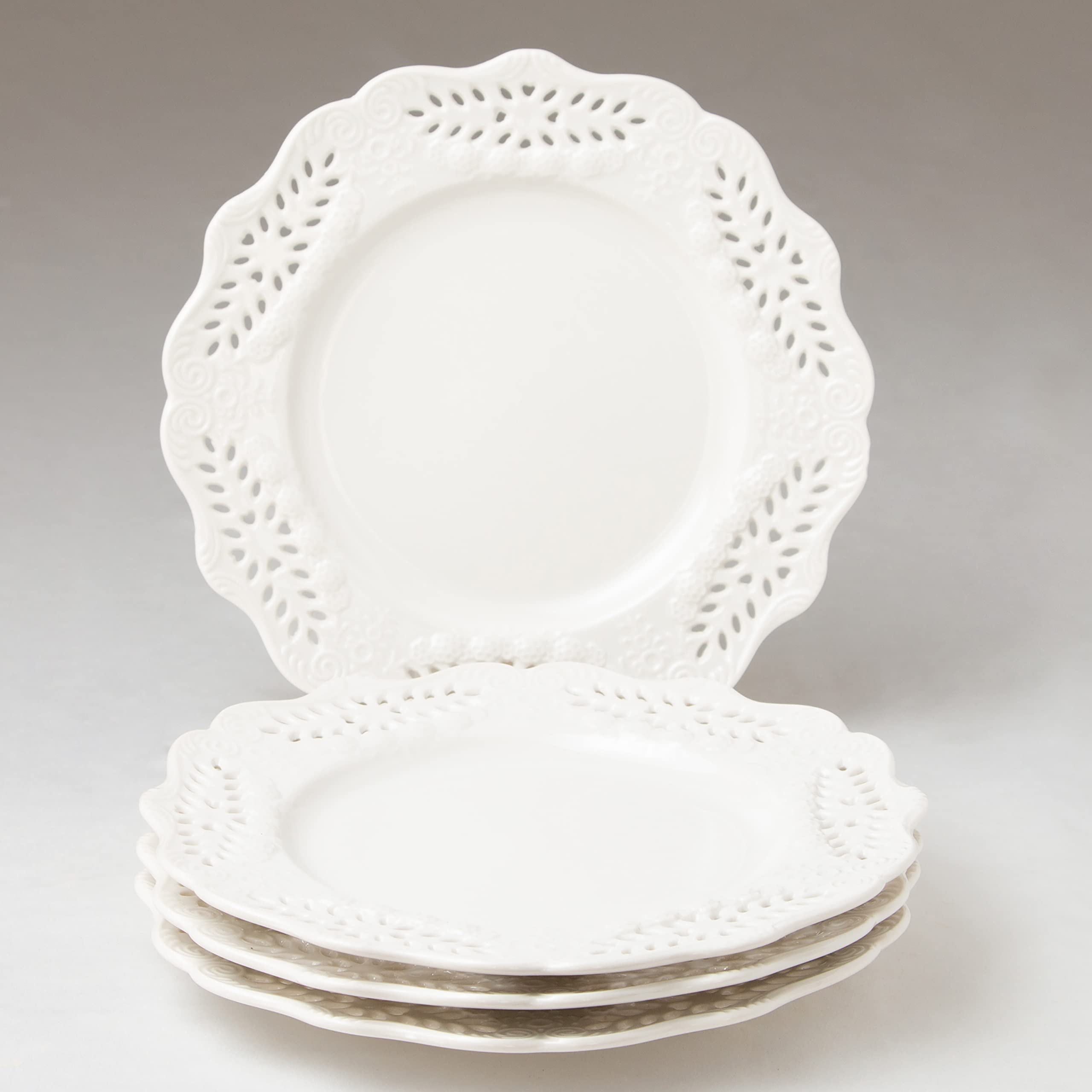 Gracie China, Victorian Rose Collection, 8-Inch Dessert Plate, White Fine Porcelain, Set of 4