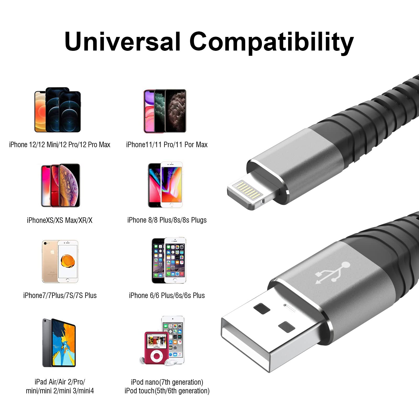 Haydyson 3Pack 6FT iPhone Charger Cable, Apple MFi Certified Lightning Cable High Speed USB Charging Cord Compatible with iPhone 13/12/Max/11Pro/11/XS/Max/XR/X/8/8P/7 and More (6FT, Grey)