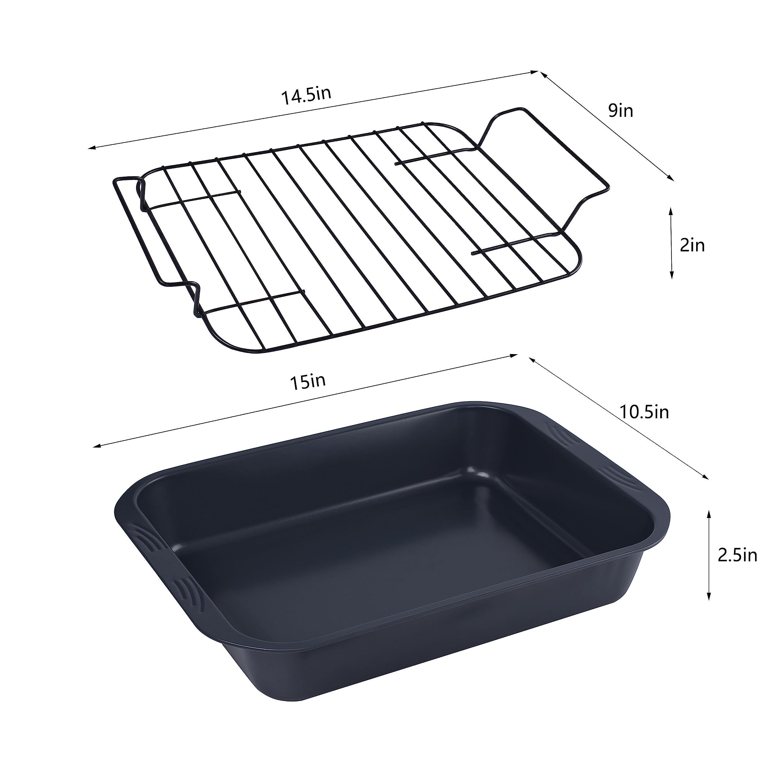 MEIHORSY Roasting Pans with Rack, 15x10.5x2.5 Inch Turkey Roaster for Small Turkey, Chicken, Meats & Veggies, Lasagna(Gray)
