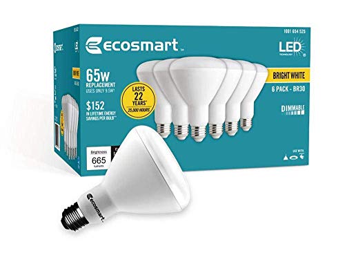 Ecosmart Bright White LED BR30 Dimmable Flood Bulb, 65W Replacement, 9 Watt, 655 Lumens - 3000K - Indoor/Outdoor Rated (6-Pack)