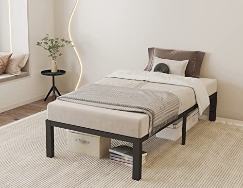 ROIL 14 inch Twin Size Bed Frames with Wide Wood Slats - 3500lbs Heavy Duty No Box Spring Needed Platform, Mattress Stoppers Single Metal Noise Free Bedframe with Headboard Hole Underneath Storage