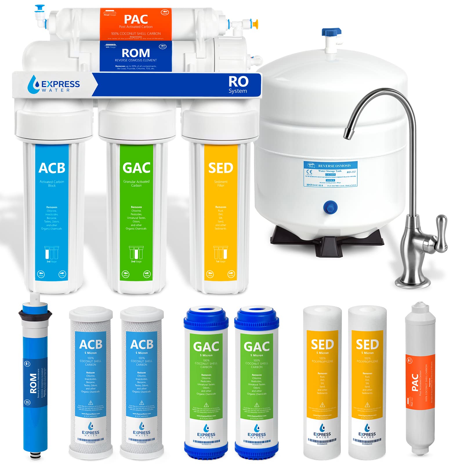 Express Water RO5DX Reverse Osmosis Filtration NSF Certified 5 Stage RO System with Faucet and Tank â Under Sink Water Plus 4 Filters â 50 GPD, 14 x 17 x 5, White