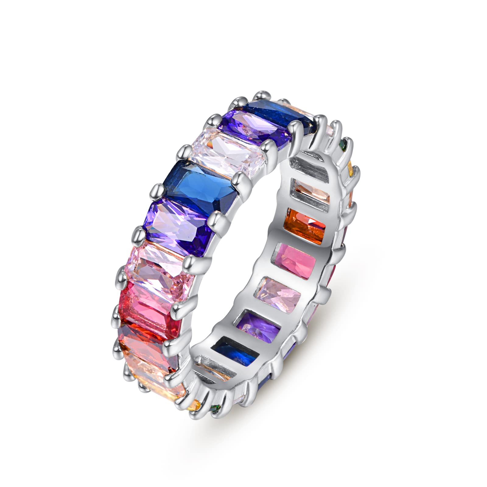 Eternity Rainbow Ring 14K Gold Plated Cubic Zirconia Emerald Sapphire Rings Multi Color Gemstone Eternity Bands Ring for Women (Rainbow-White Gold, 7)