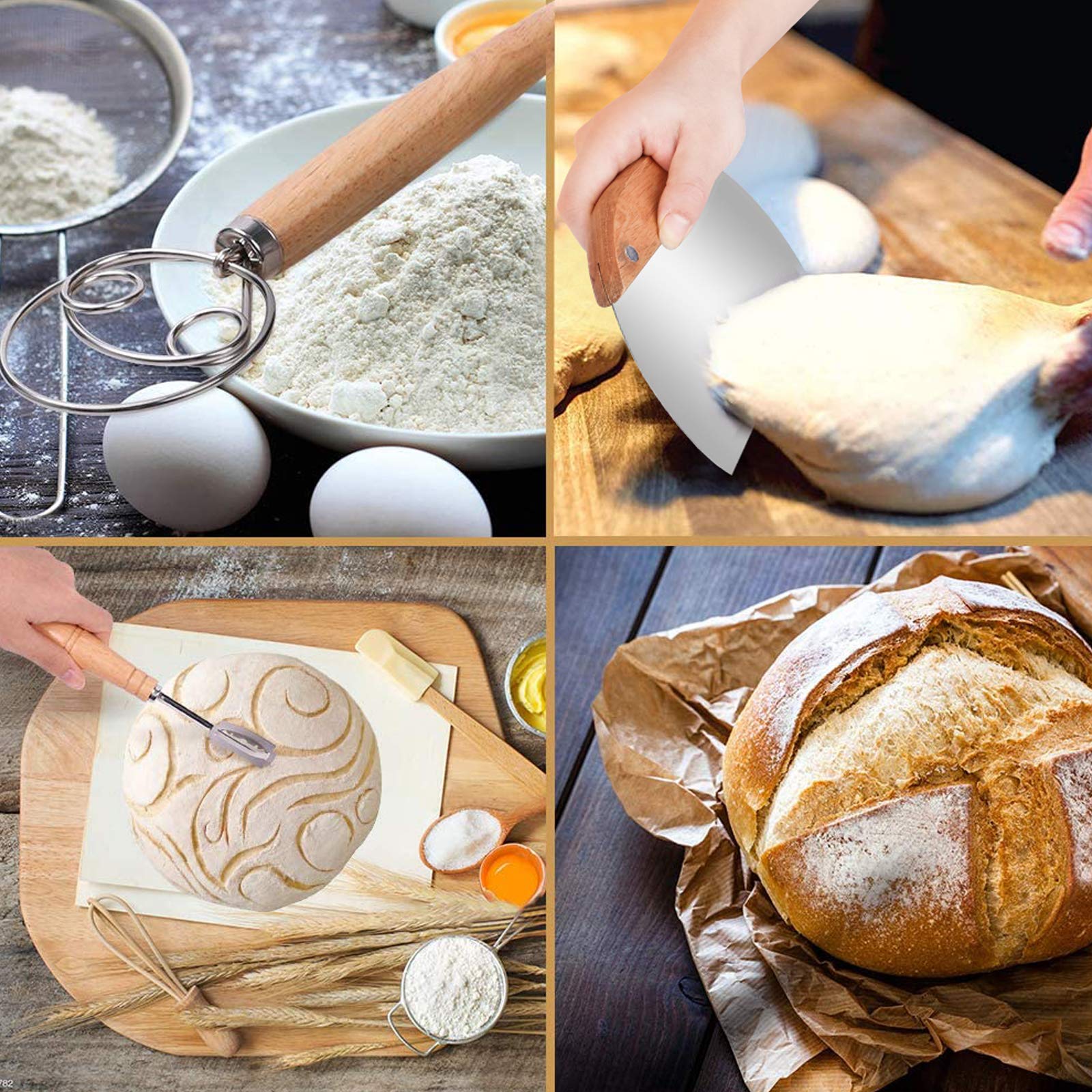 Danish Dough Whisk Bread Mixer Set, Hook Dutch Whisk and Dough Scraper with 4 Replacement Blades for Bread Dough, Pastry or Pizza Dough - Perfect for Baking