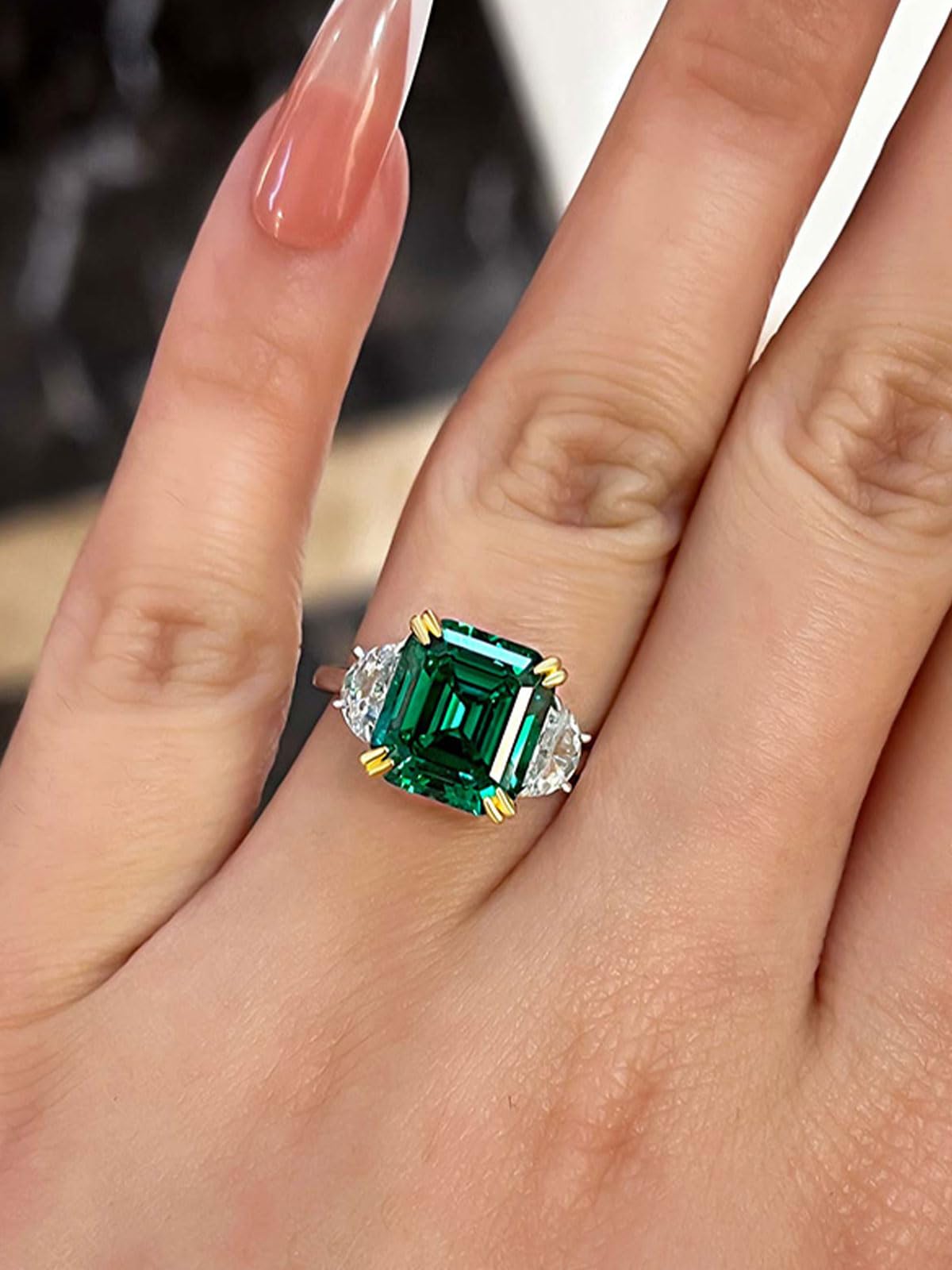Effinny 4.5ct Women's Two-Tone Emerald Engagement Ring,Asscher Cut Green Paraiba Tourmaline Three Stone Promise Ring in 925 Sterling Silver(Size:8)