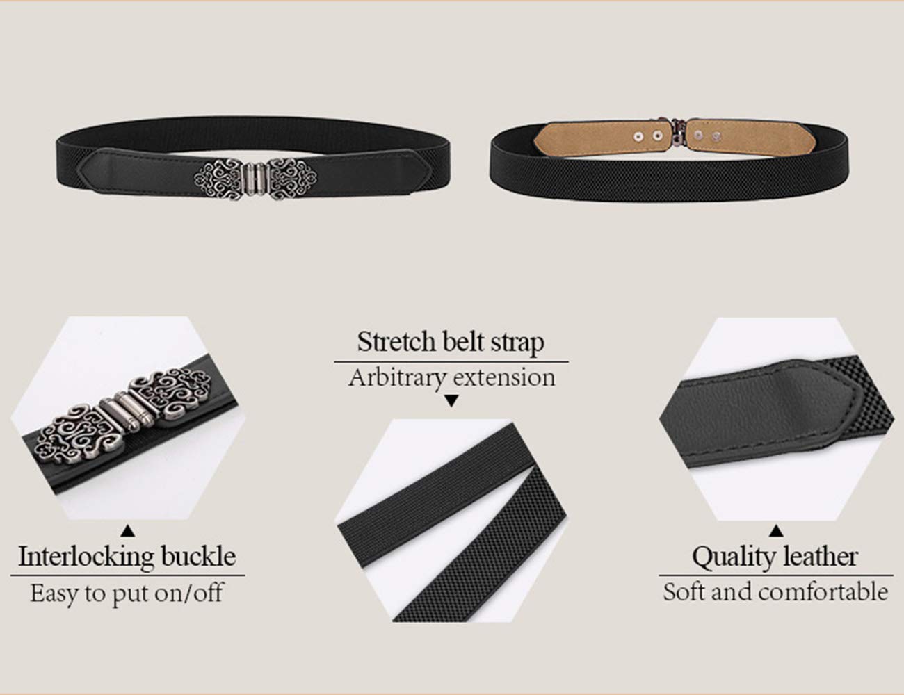 Elastic Stretch Belts for Women Skinny Black Dress Belts with Brass Buckle, S