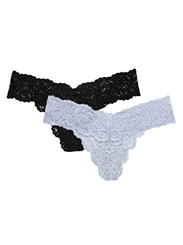 Smart & Sexy Women's Plus Size Signature Lace Thong Panty 2 Pack, Mineral Water/Black Hue, 3X
