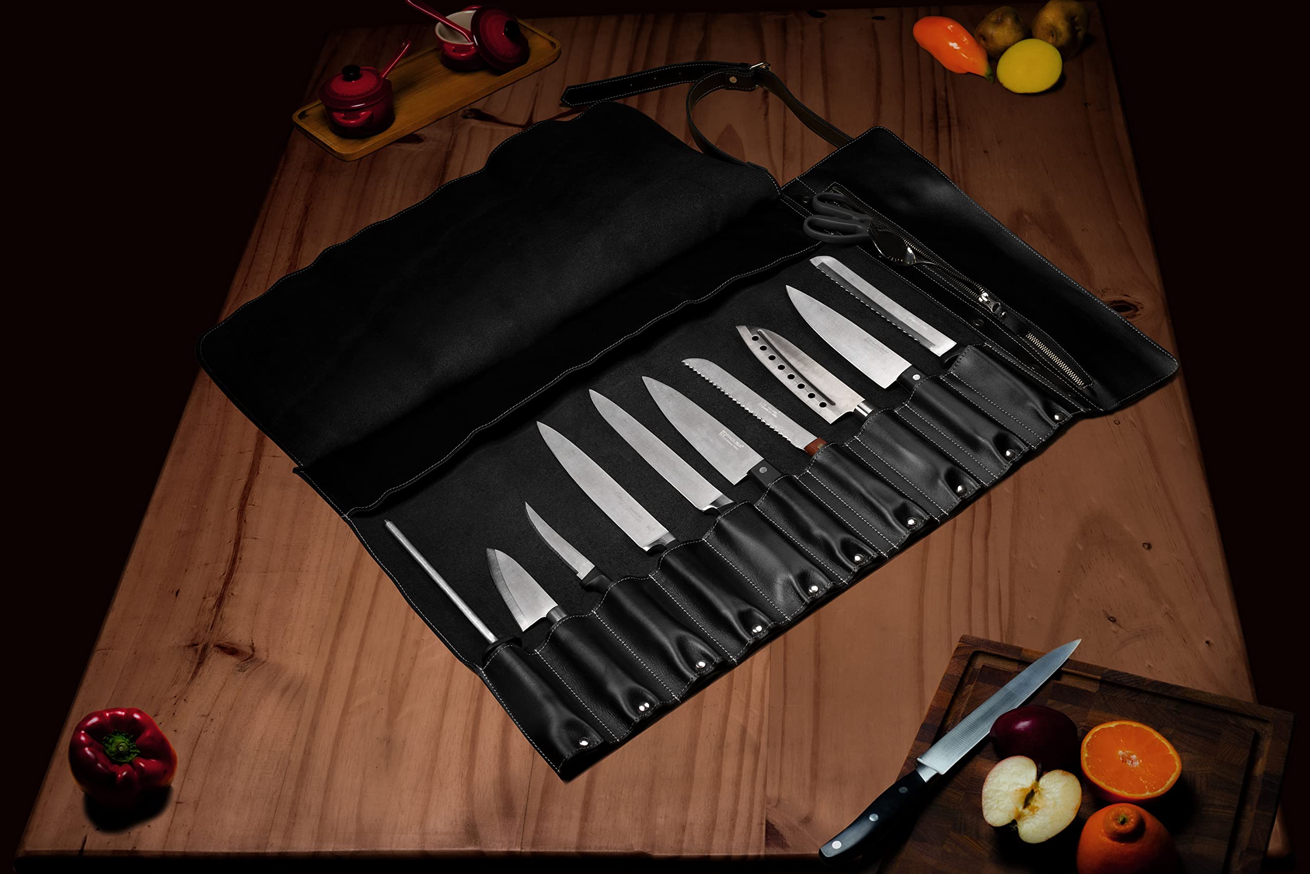 EVERPRIDE Chef Knife Roll Bag Made of Genuine Top Grain Leather β Knife Bag Holds 10 Knives up to 18β PLUS Zippered Compartment for Cooking Accessories β Knives Not Included