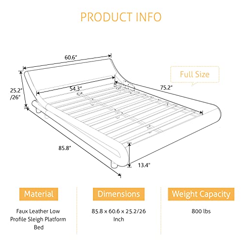 SHA CERLIN Full Size Bed Frame Luxury Wave-Like Modern Upholstered Low Profile Platform Bed, Faux Leather Sleigh Bed with Adjustable Headboard, No Box Spring Needed, White