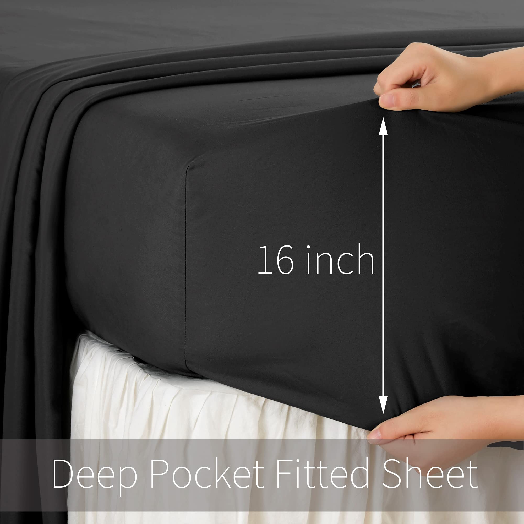 Entisn 4pcs Brushed Microfiber Sheet King Size Sets, 1800 Thread Count Ultra-Soft Egyptian Quality Bed Sheets, Black Luxury Bedding Sheets with 16" Deep Pockets, Breathable & Cozy & Anti-Wrinkle