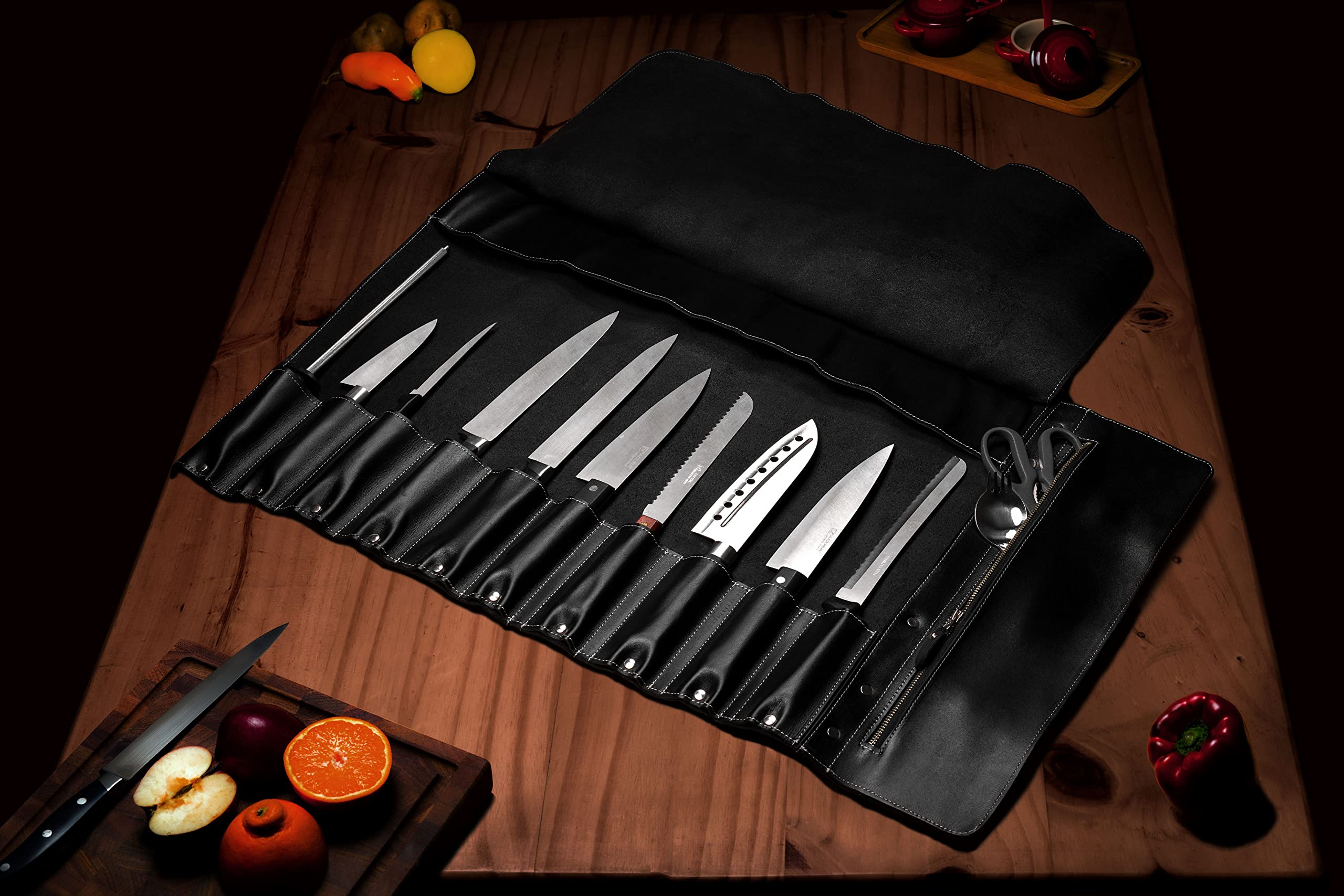 EVERPRIDE Chef Knife Roll Bag Made of Genuine Top Grain Leather β Knife Bag Holds 10 Knives up to 18β PLUS Zippered Compartment for Cooking Accessories β Knives Not Included