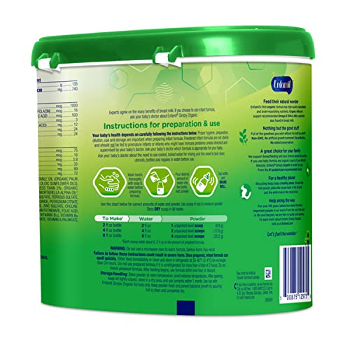 Enfamil Organic Baby Formula, Simply Organic by Enfamil, Organic Milk from Grass-Fed Cows, Milk-Based Powder with Iron, Non-GMO, Powder Tub