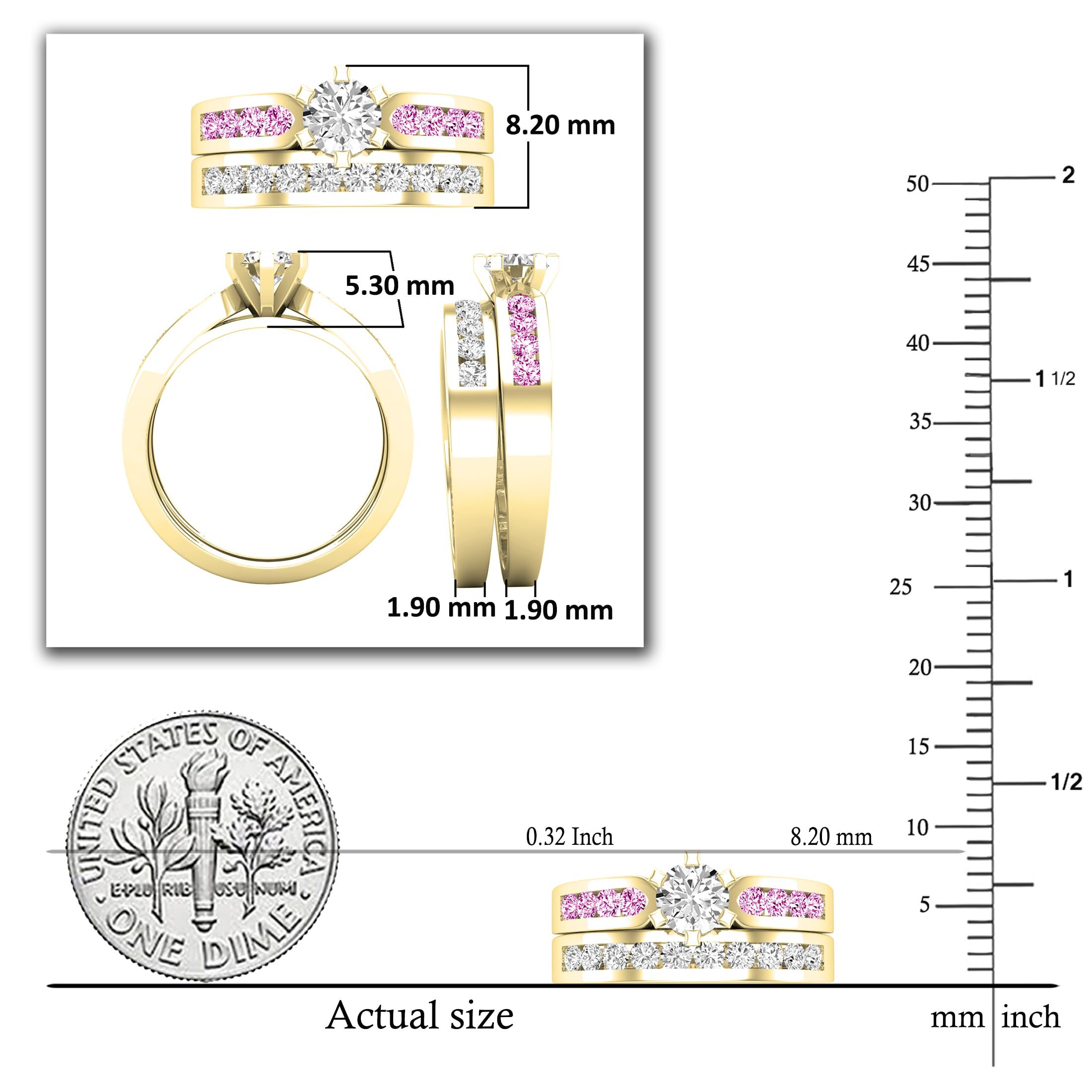 Dazzlingrock Collection Round Pink Sapphire & White Diamond Ladies Wedding Ring Set in 14K Yellow Gold, Size 7.5
