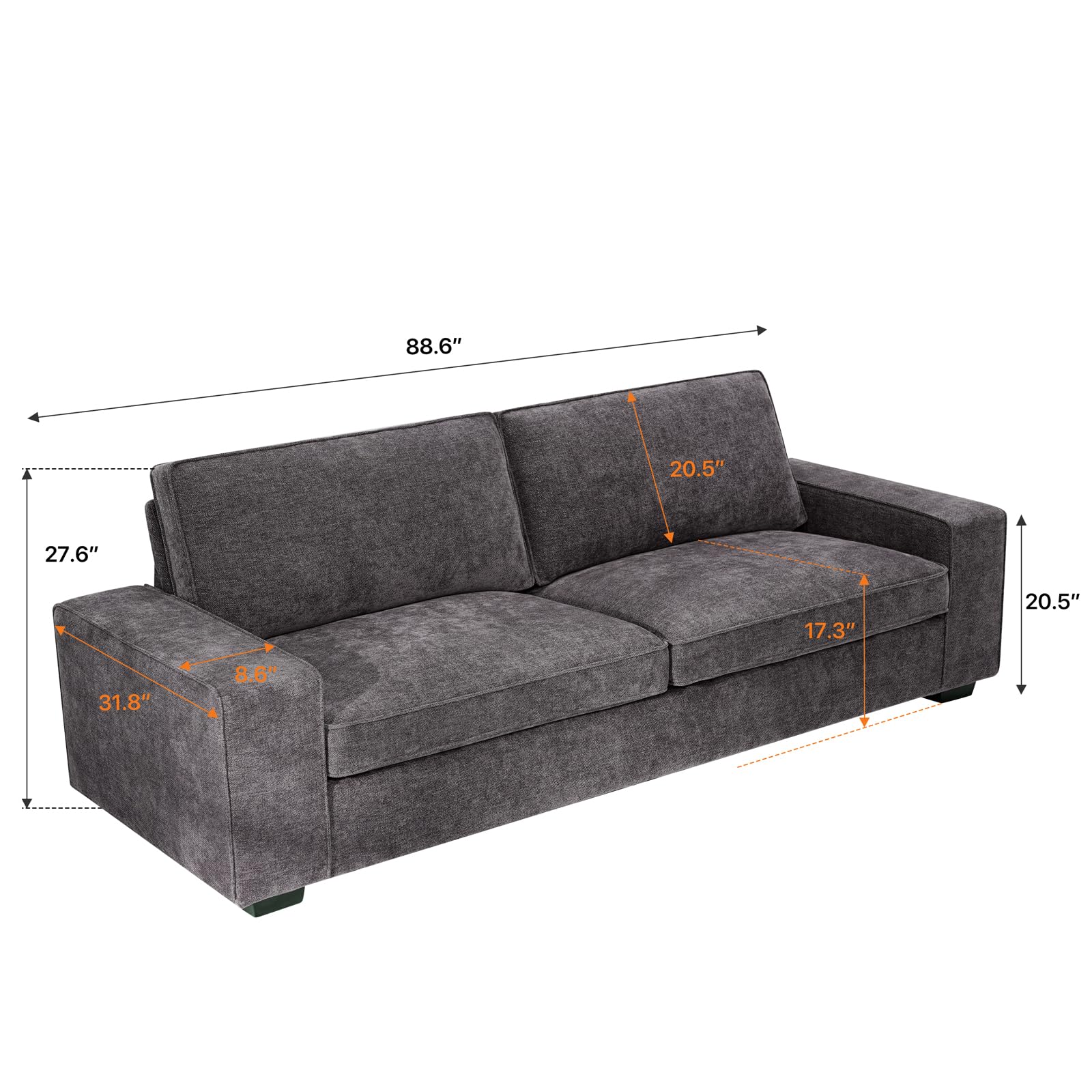 Luffield Chenille Loveseat Couch -88.6" Modern Design Sofa for Livingroom Clearance with Solid Wood, Metal Frame, Durable,Removable Back Cushion and Seat Cushion, Easy Cleaning(Dark Grey)