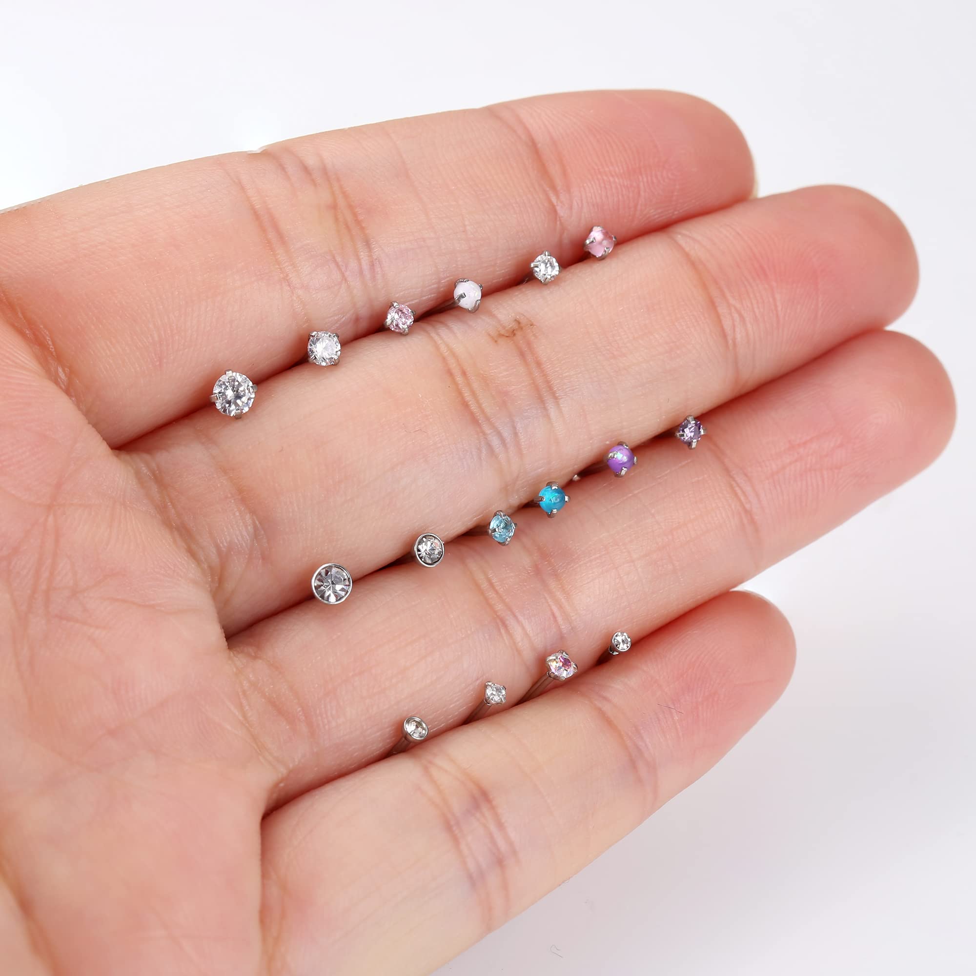 FIBO STEEL Threadless Nose Rings Studs for women Push in L Shaped Nose Studs Surgical Stainless Steel CZ Opal Nose Rings Studs Nose Piercing Jewelry 1.5mm 2mm 2.5mm 3mm 20G