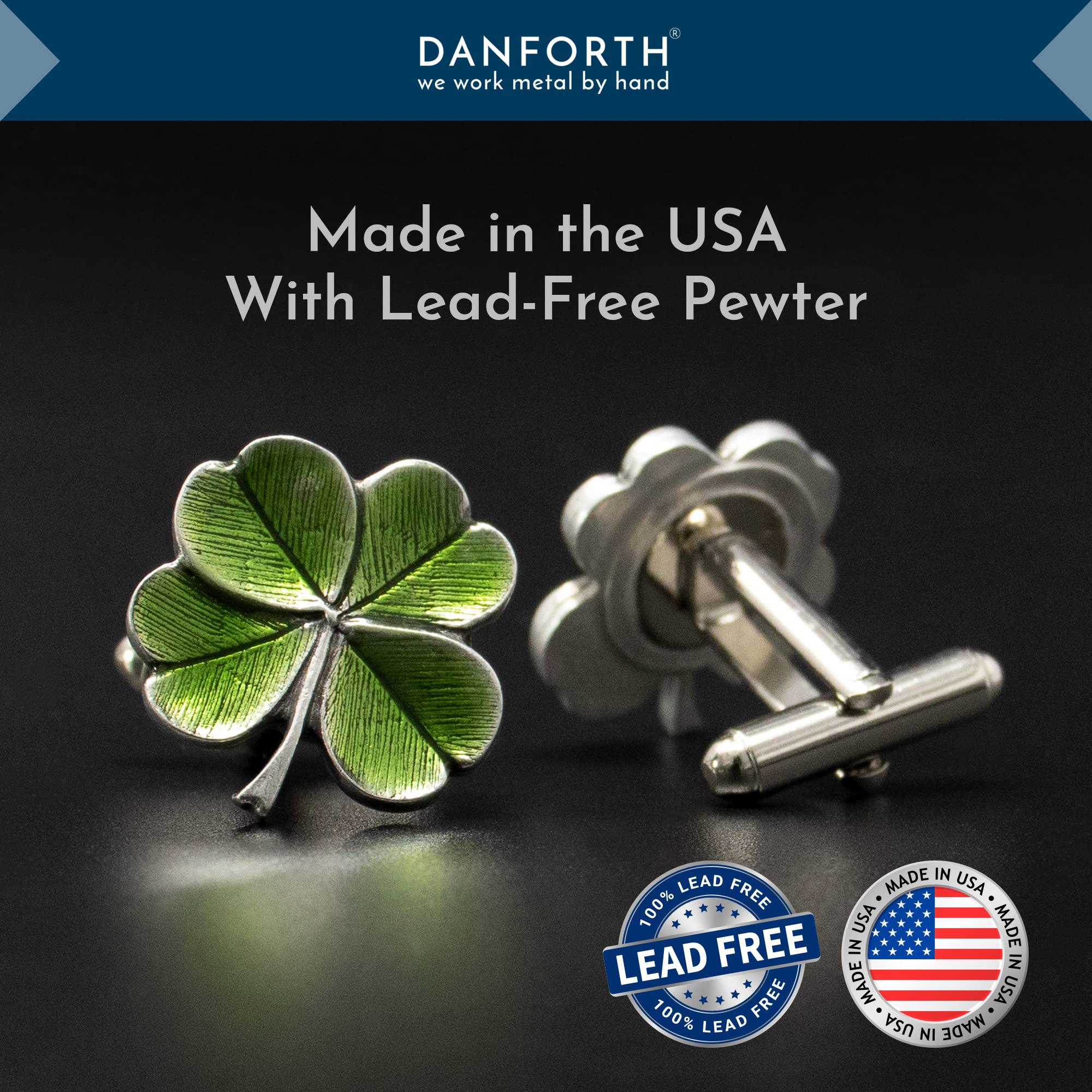 Danforth Four Leaf Clover Cufflinks – Handcrafted Green Clover Pewter Cufflinks – Made In USA