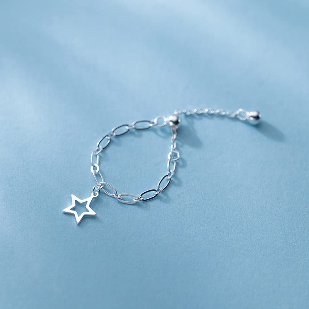 Dangle Star Link Chain Sterling Silver 925 Statement Rings for Women Girls Adjustable with Dangling Ball Minimalist Lucky Star Engagement Promise Ring Eternity Wedding Bands Finger Band